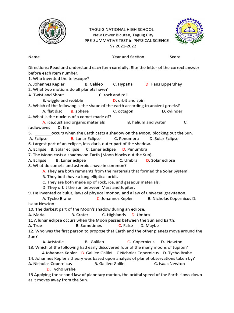 Summative Test Physical Science | PDF | Force | Solar Eclipse