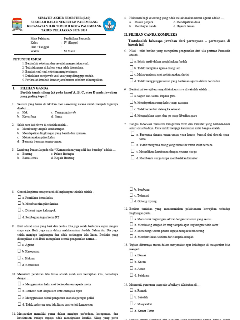 Soal PAS PPKN Kls 4 SMTR 1 | PDF | Karier & Perkembangan