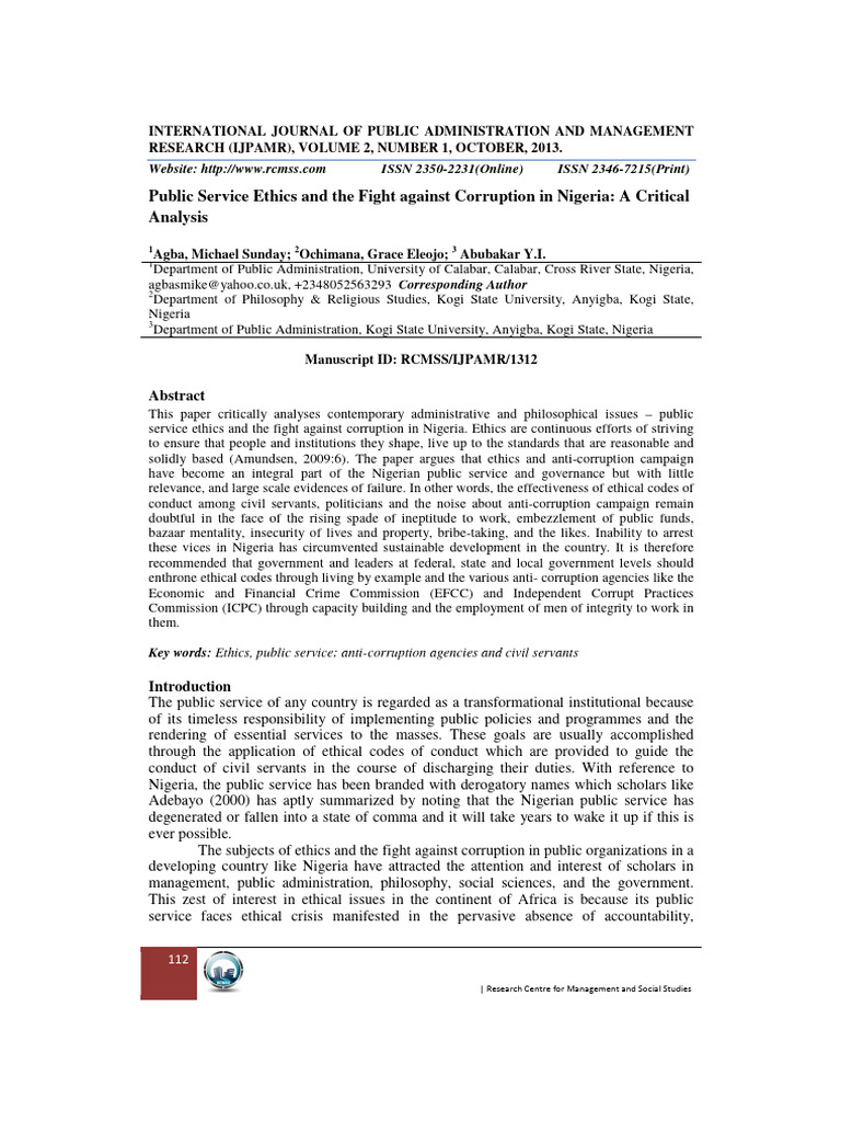 Public Service Ethics and The Fight Against Corrupt Ion in Nigeria: A Critical Analysis | PDF ...