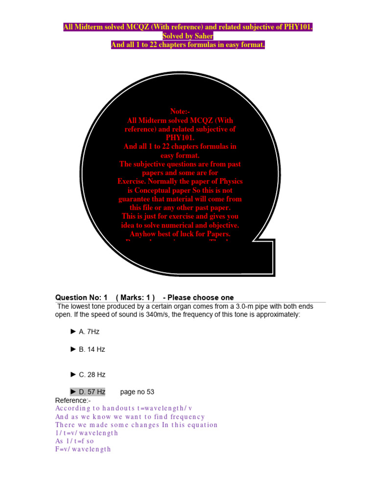 PHY101-MidTerm Forumulas and MCQs | PDF | Acceleration | Force