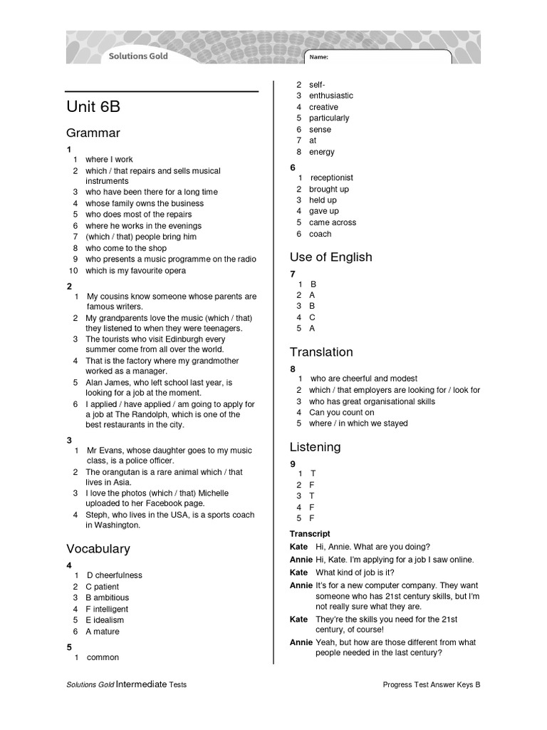 Sol Gold Int Progress Test Unit 6B Answer Key | PDF Sol Gold Int Progress Test Unit 6B Answer Key | PDF
