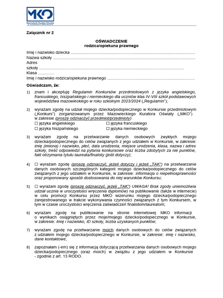 Zal NR 2 - Oswiadczenie Rodzicow Lub Opiekunow Prawnych 1 | PDF
