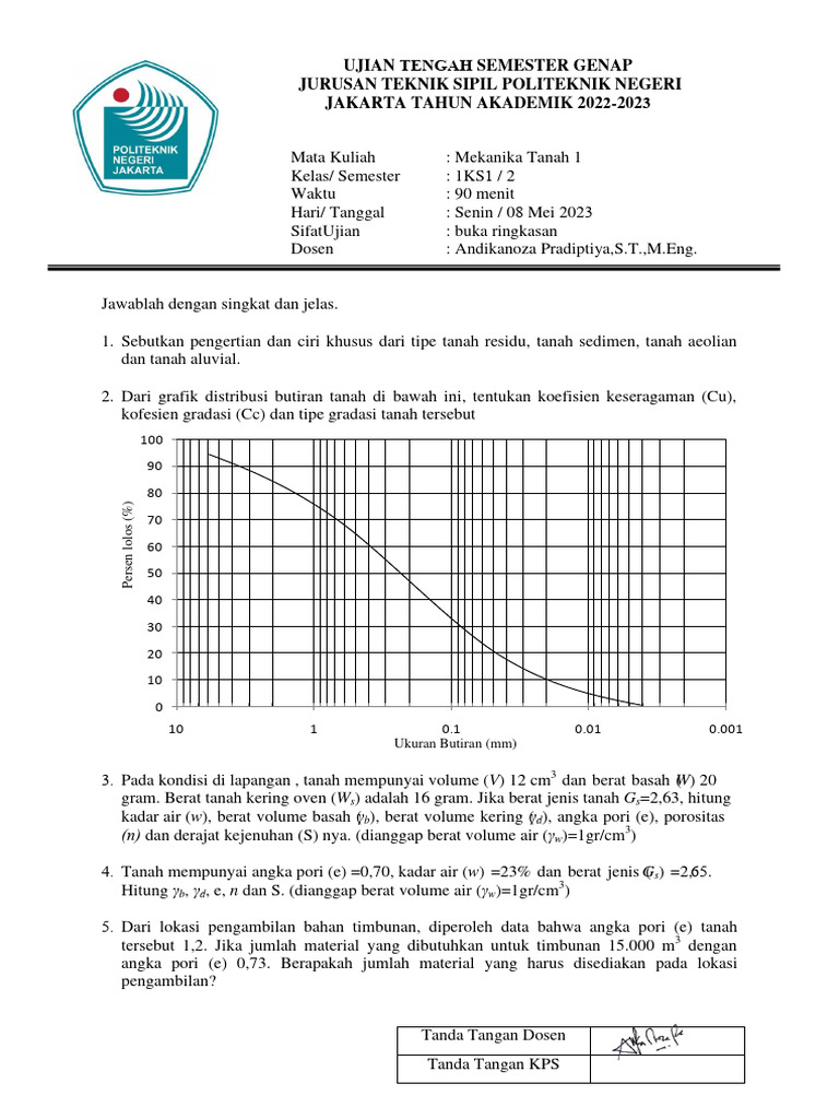 Soal UTS Mekanika Tanah 1 - 1KS1 | PDF | Sains & Matematika