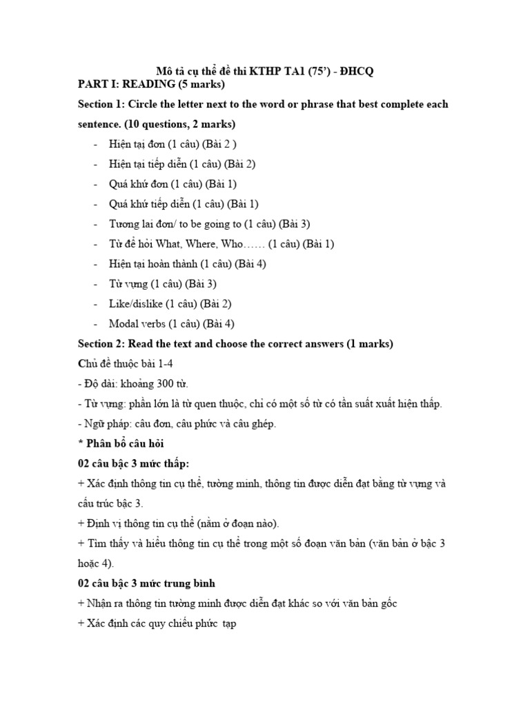 Mô tả đề thi KTHP TA1 | PDF