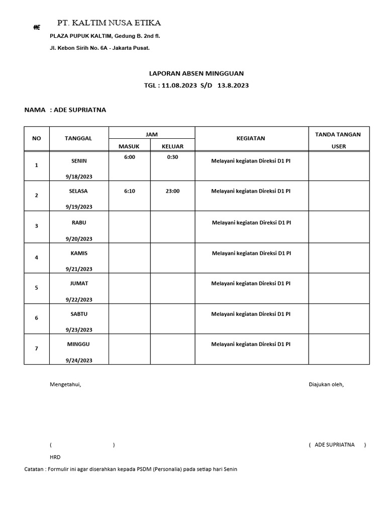 Format Absensi Mingguan | PDF