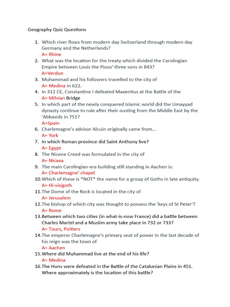 Geography Quiz Questions | PDF | Charlemagne | Byzantine Empire