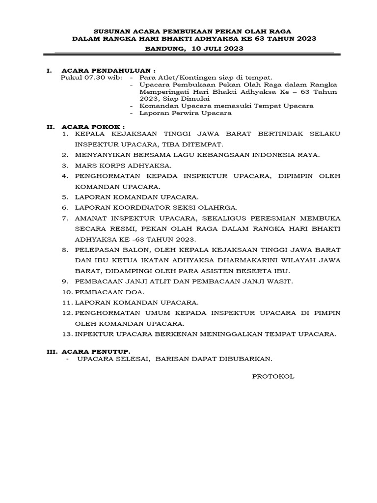 Susunan Acara Pembukaan Pekan Olahraga | PDF