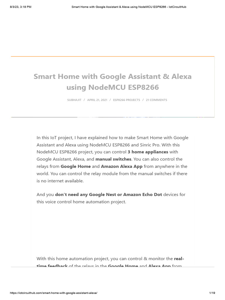 Smart Home With Google Assistant & Alexa Using NodeMCU ESP8266 - IotCircuitHub | PDF | Home ...