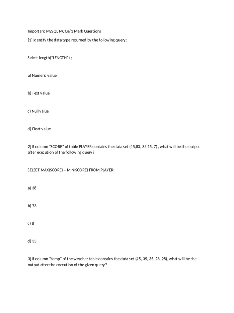 SQL MCQ | PDF | Computer Data | Cybernetics