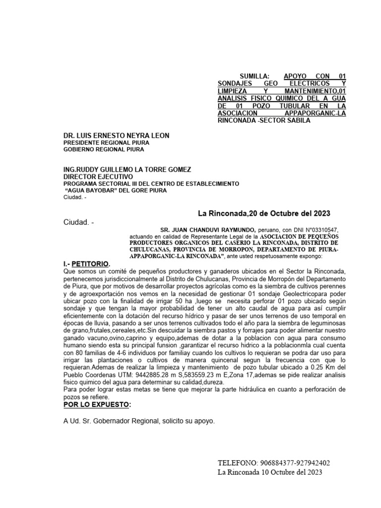 Solicitud de Apoyo Al Gore Piura de Pozo Tubular para Sector La Rinconada | PDF | Agua | Agricultura