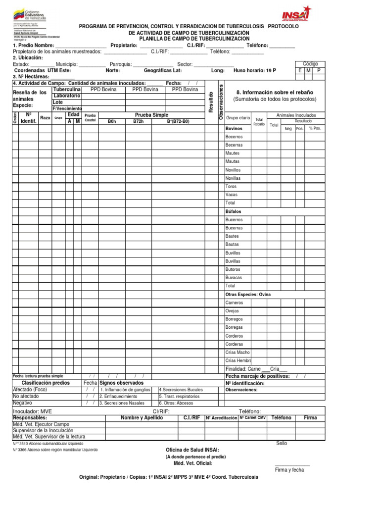 Planilla de Campo Tuberculosis | PDF | Oveja | Vacas