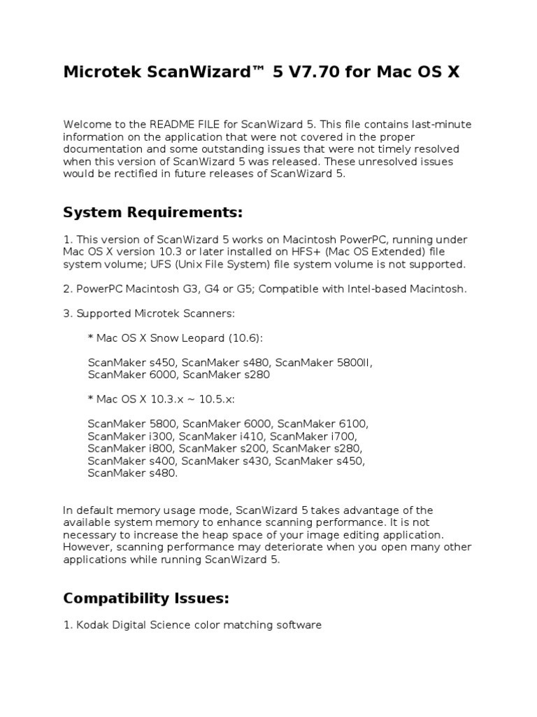 Scan Wizard 5 ReadMe | PDF | Image Scanner | Macintosh
