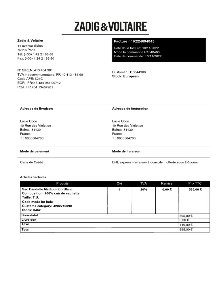 Facture Zadig & Voltaire | PDF