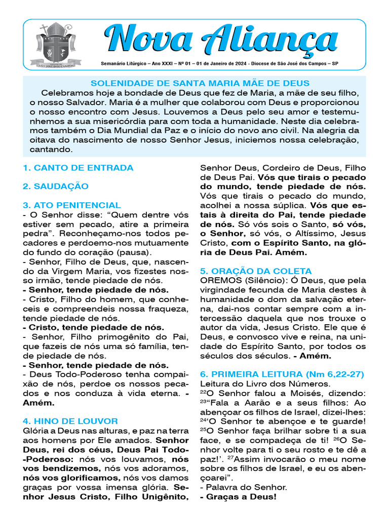 01 Janeiro 2024 Solenidade De Santa Maria Mae De Deus Pdf Maria
