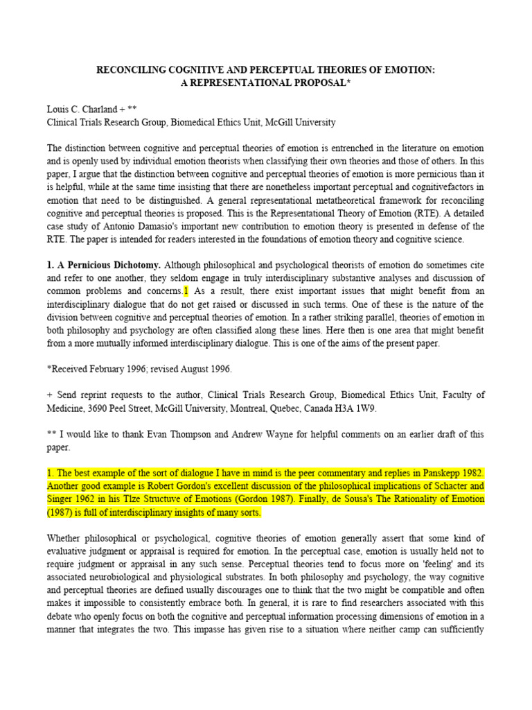 Reconciling Cognitive and Perceptual Theories of Emotion | PDF ...