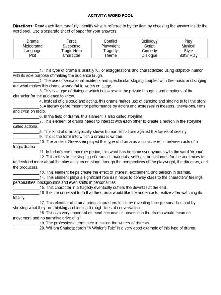 Elements of Drama Activity Worksheet | PDF | Play (Theatre) | Tragedy