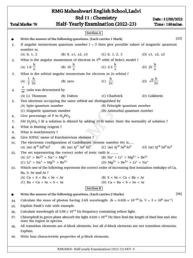 Half-Yearly Exam (2022-23) 11th Chemistry | PDF | Atomic Orbital ...