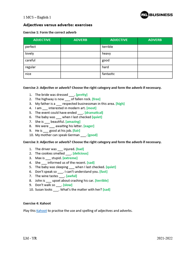 Adjectives Adverbs Exercises ST | PDF