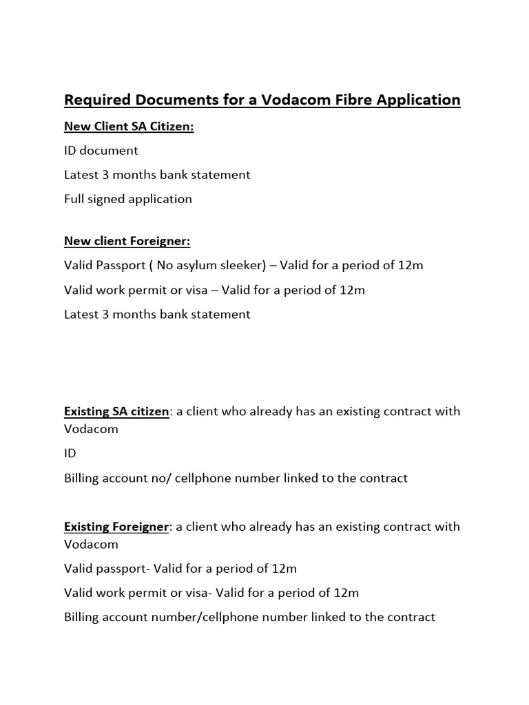 Vodacom Fibre Application Requirements | PDF