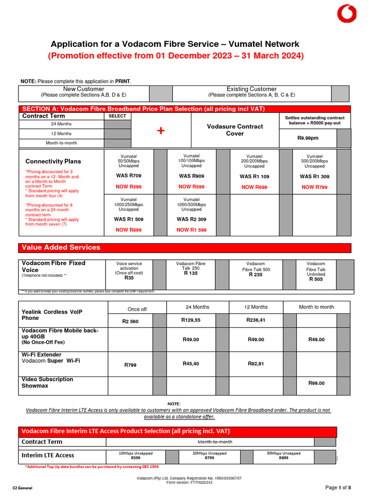 FTTH - Vodacom - Application For - Vumatel - Dec 2023 | PDF | Fiber To The X | Contractual Term
