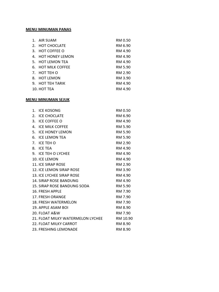 Menu Minuman Panas | PDF