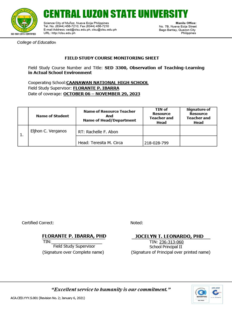 Monitoring Sheets For Field Study 1 and 2 | PDF