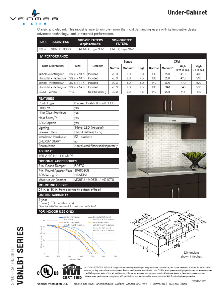 Venmar Model VBNLB130 Spec Sheet | PDF | Building Automation | Home ...