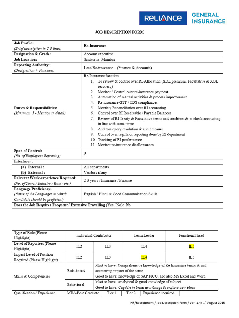 Job Description RI Accounting Function - CA | PDF | Reinsurance | Business