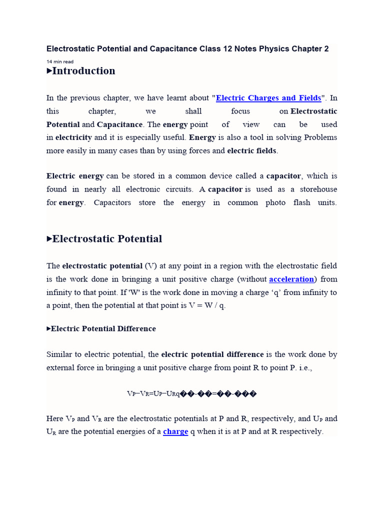 Class 12 Notes: Electrostatic Potential & Capacitance | PDF ...