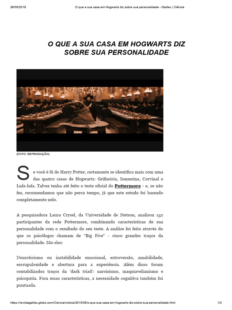CASAS DE HOGWARTS.pdf | PDF | Ciências comportamentais | Conceitos psicológicos