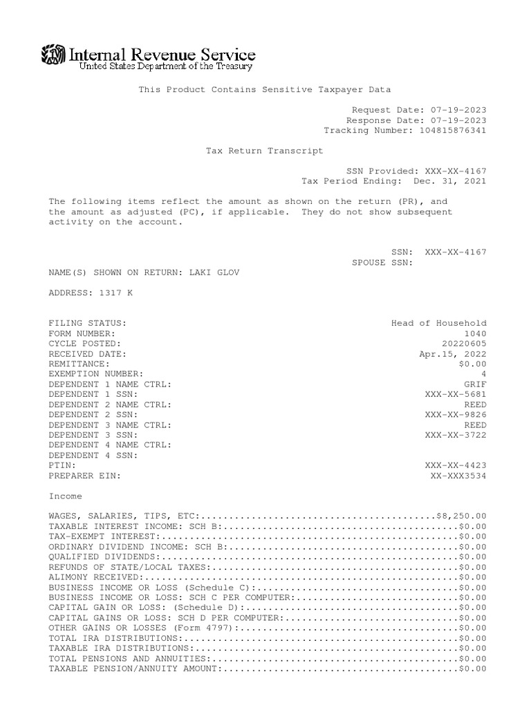 Tax Return Transcript - GLOV - 104802115876341 | PDF | Tax Deduction ...