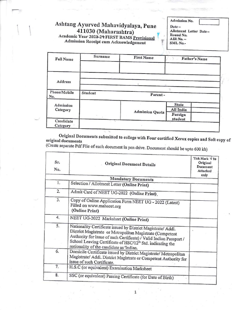 Bams Admission 2023-24 | PDF
