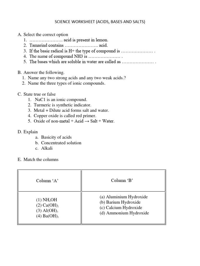 Acids, Bases, and Salts Worksheet | PDF