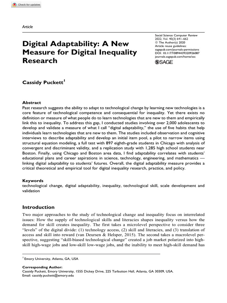 Digital Adaptability A New Measure For Digital Inequality Research | PDF