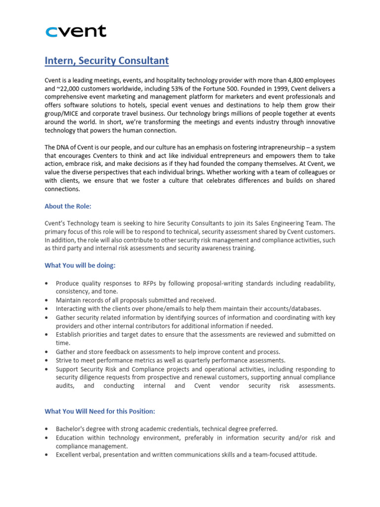 Security Consultant Internship at Cvent | PDF | Consultant | Information