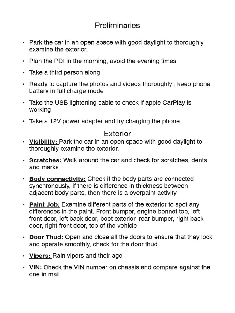 PDI Checklist | PDF | Vehicles | Car Body Styles