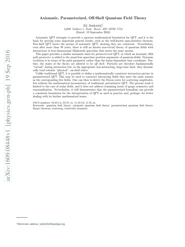 Axiomatic, Parameterized, Off-Shell Quantum Field Theory: Ed Seidewitz | PDF | Quantum Field ...