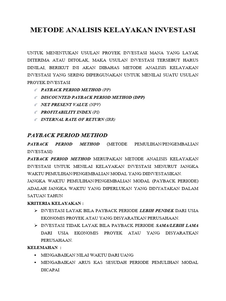 Metode Kelayakan Investasi Proyek | PDF | Bisnis | Hukum