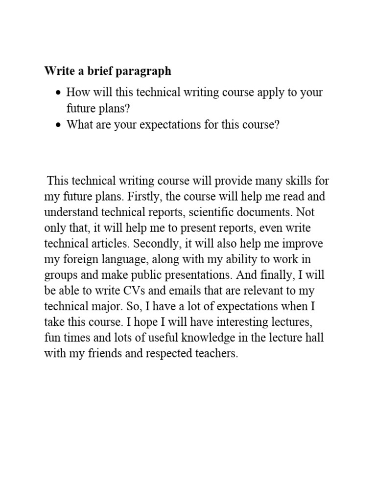 Write A Brief Paragraph About Technical Writing Course | PDF
