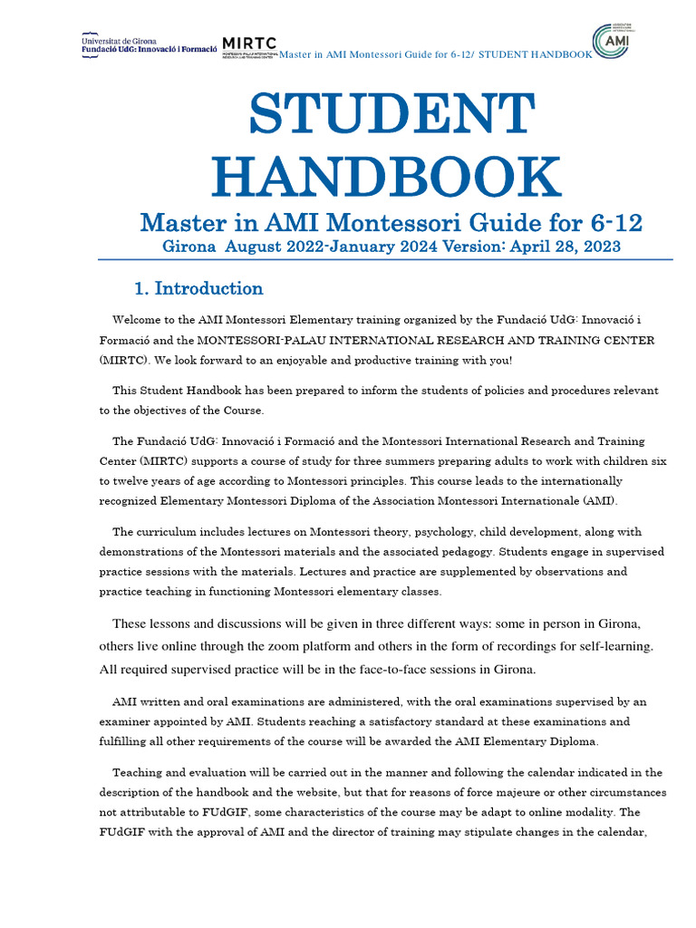 AMI Montessori 6-12 Student Handbook | PDF | Montessori Education | Theory