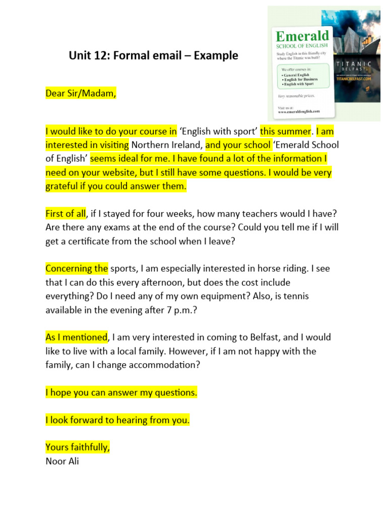 Formal Email Example - Applying For An English School | PDF