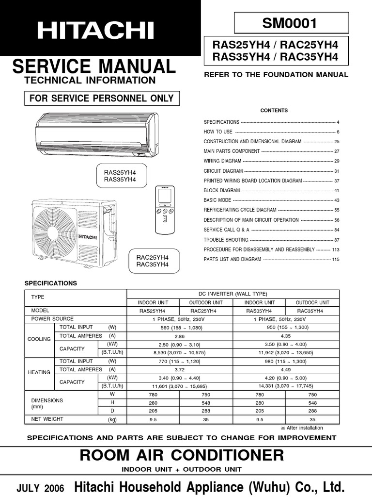 Hitachi Room AC Service Manual | PDF | Air Conditioning | Electrical ...