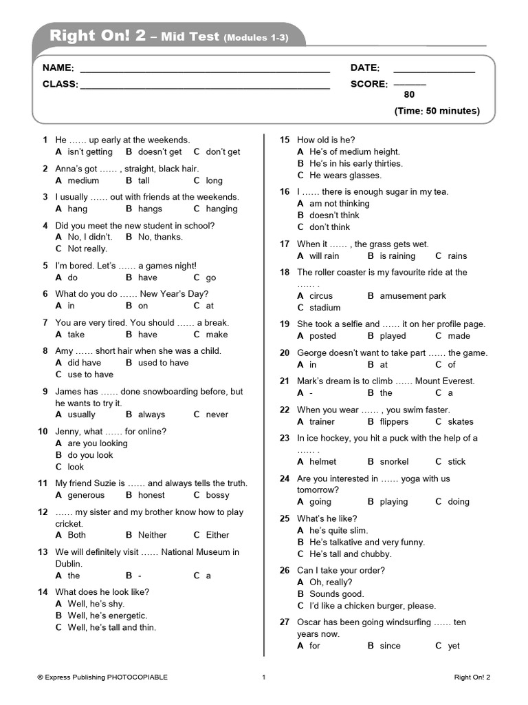 10 Right On 2 - Mid Test - Mods 1 - 3 | PDF