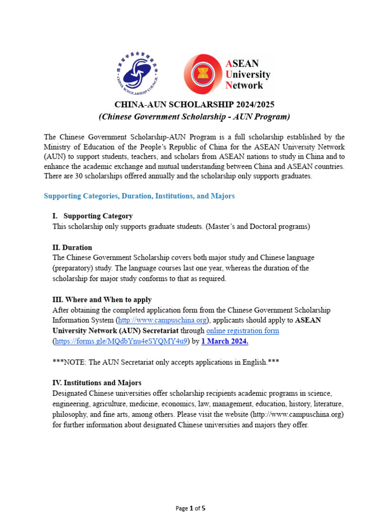 China-AUN Scholarship 2024 - 2025 Application Guidelines | Download Free PDF | Postgraduate ...
