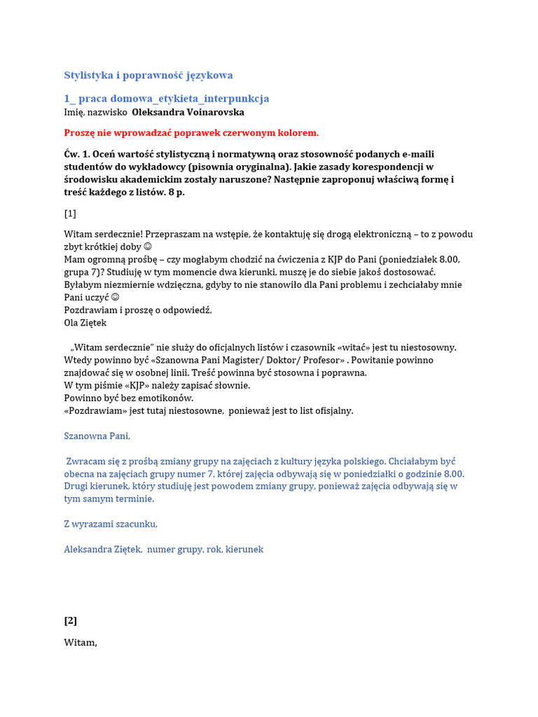 Praca Domowa 1 Etykieta Interpunkcja | PDF