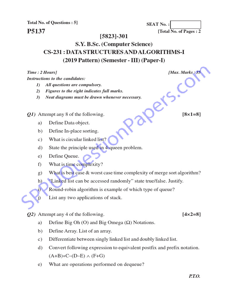 Bsc Computer Science Cs Semester 3 2022 April Data Structures And Algorithms I 2019 7921