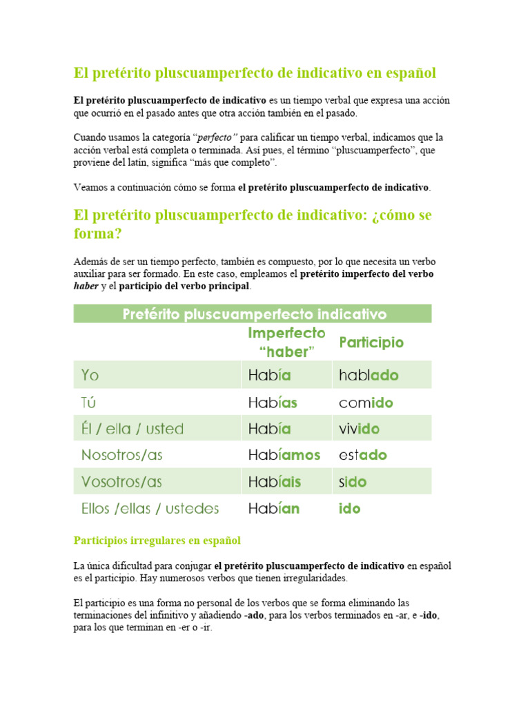 El Pretérito Pluscuamperfecto de Indicativo en Español | PDF