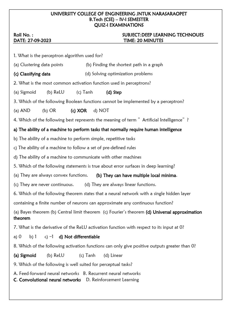 MCQs DL Mid I R20 2023 With Answers | PDF | Artificial Neural Network | Deep Learning