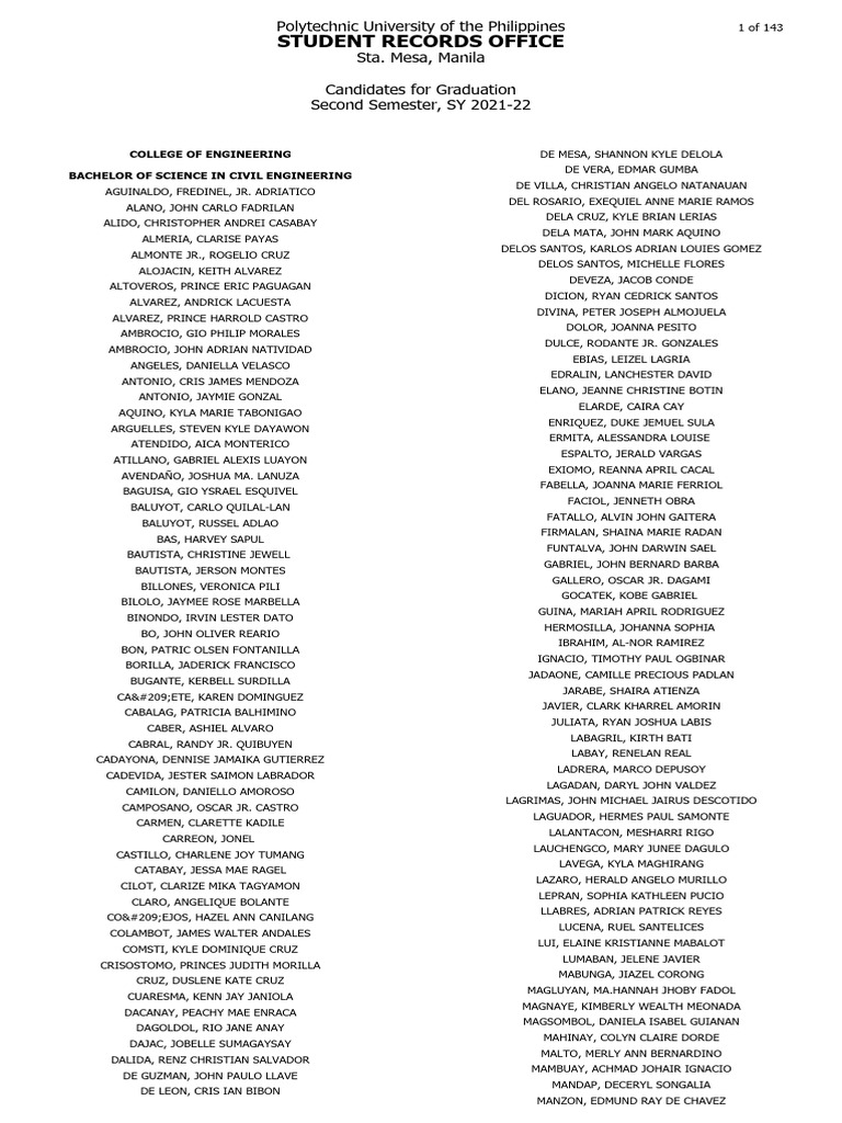 Student Records Office: College of Engineering Bachelor of Science in ...