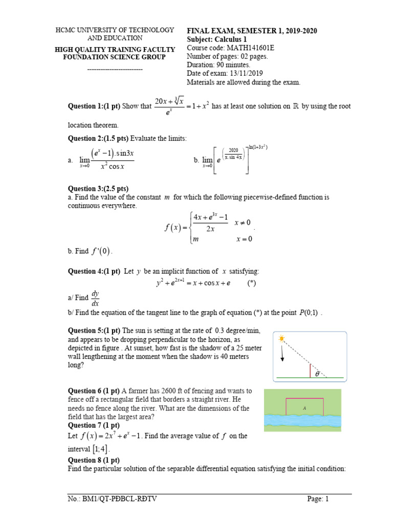 6 Calculus 1 Final Test 19 20 Semester 1 Pdf Differential Equations